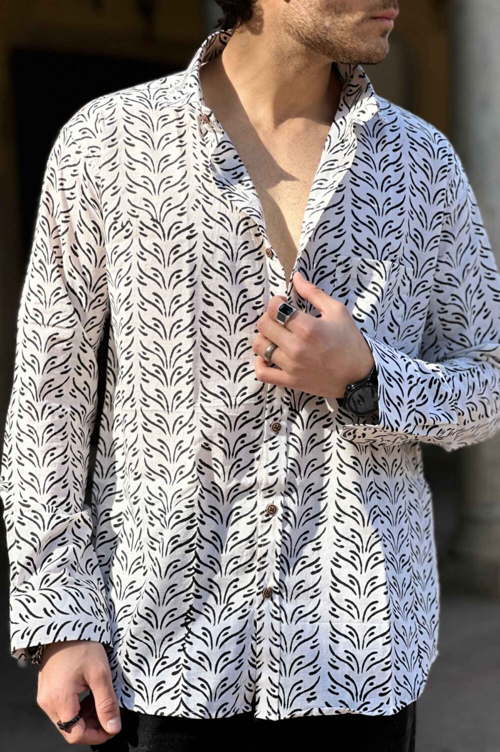 Buy Black and White Leaf Design Print Full Sleeve Cotton Shirt For Men